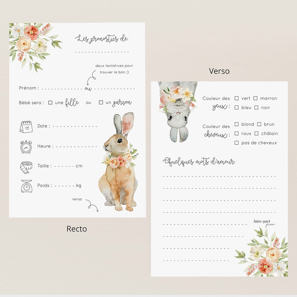 Carte pronostic bébé lapin fleuri - PDF à imprimer